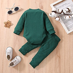 vivifayee Infant Newborn Baby Boy Clothes Christmas Outfits Long Sleeve Romper Onesie Pants Set Knitted Ribbed Cotton Green Clothing 2Pcs