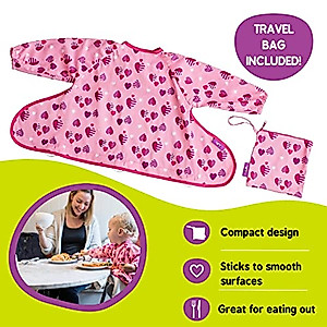 Tidy Tot - Cover & Catch Baby Bib - Mess Proof Long Sleeve Feeding Smock with Food Catcher Pocket - Attaches to Highchair - Waterproof Bib – Machine Washable. Fits 6-24 months - Pink