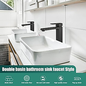 Heyalan Vessel Sink Faucet Bathroom Sink Faucet Tall Body Vessel Bowl Tap Single-Hole Deck Mount Lavatory Vanity Mixer Bar Tap Tall Spout Brass Tall Bathroom Faucet,Matte Black,with Drain