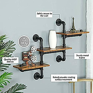 tonchean Industrial Rustic Shelving Wall Wood Pipe Ladder Floating Shelves Wall Mounted Corner Shelves for Bathroom Kitchen Office-Pipe Shelves with Wood Planks