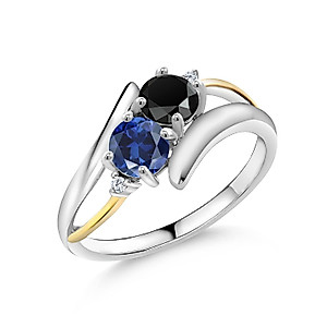 Gem Stone King 1.10 Ct Round Black Onyx Blue Created Sapphire 925 Silver and 10K Yellow Gold Lab Grown Diamond 2 Stone Crossover Ring (Size 8)