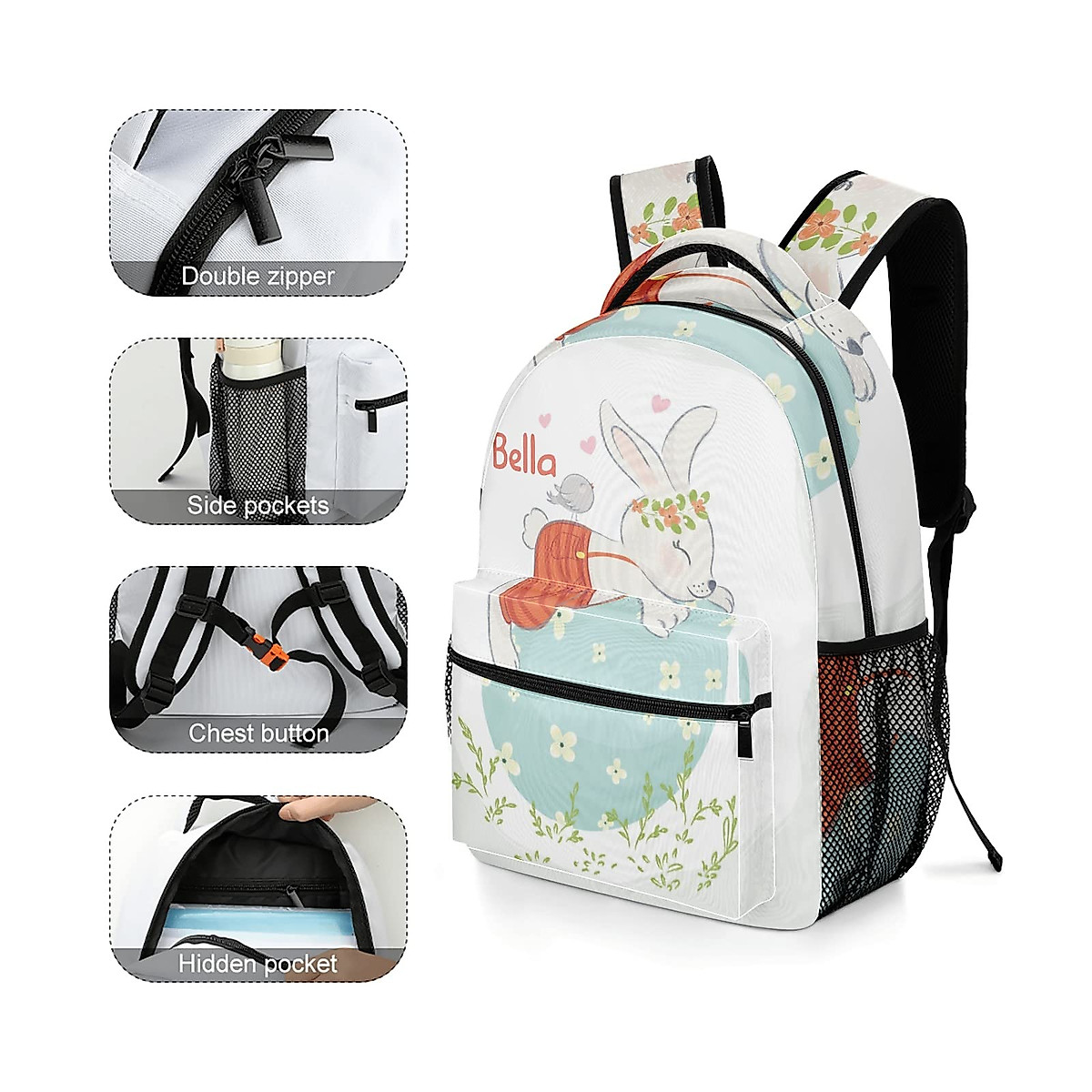 Cute Bunny Custom Kids Backpack 16.5 Inch for Boy Girl, Personalized Waterproof Child School Travel Bag with Name