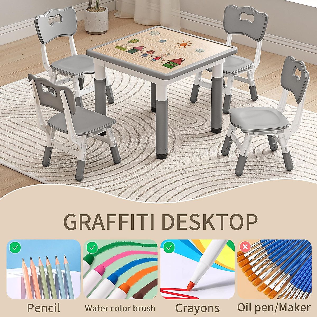 JONUTATO Kids Table and Chairs, Height Adjustable Childrens Table and Chair Set, Kids Tables for Age 2-8, Graffiti Desktop, Table for Kids with 2 Seats, Small Kids Table, Max 300lbs