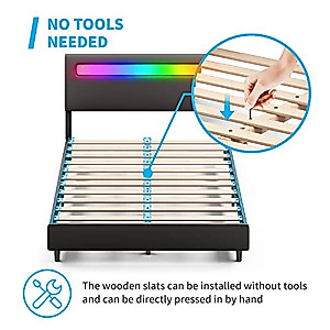 Mjkone Queen Size Bed Frame, LED Bed Frame with Smart RGB LED Light Bar, Works with Alexa or Apps, Platform Bed with Adjustable Lighting, Upholstered Bed Frames with Headboard, No Mattress, Black