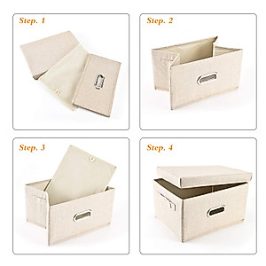 HONGKERNE Storage Box Bin, Linen Fabric, Foldable Storage Organizer with Lid, Multi-Use Clothes Storage Container for Bedroom, Office, Home (Cream, Large)