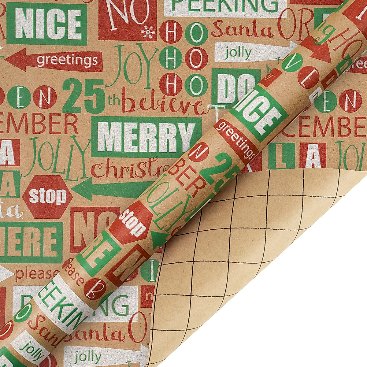 RUSPEPA Christmas Wrapping Paper, Kraft Paper - Snowflakes, Red and Green Stripe and Christmas Greetings - 4 Rolls - 30 inches x 10 feet per Roll