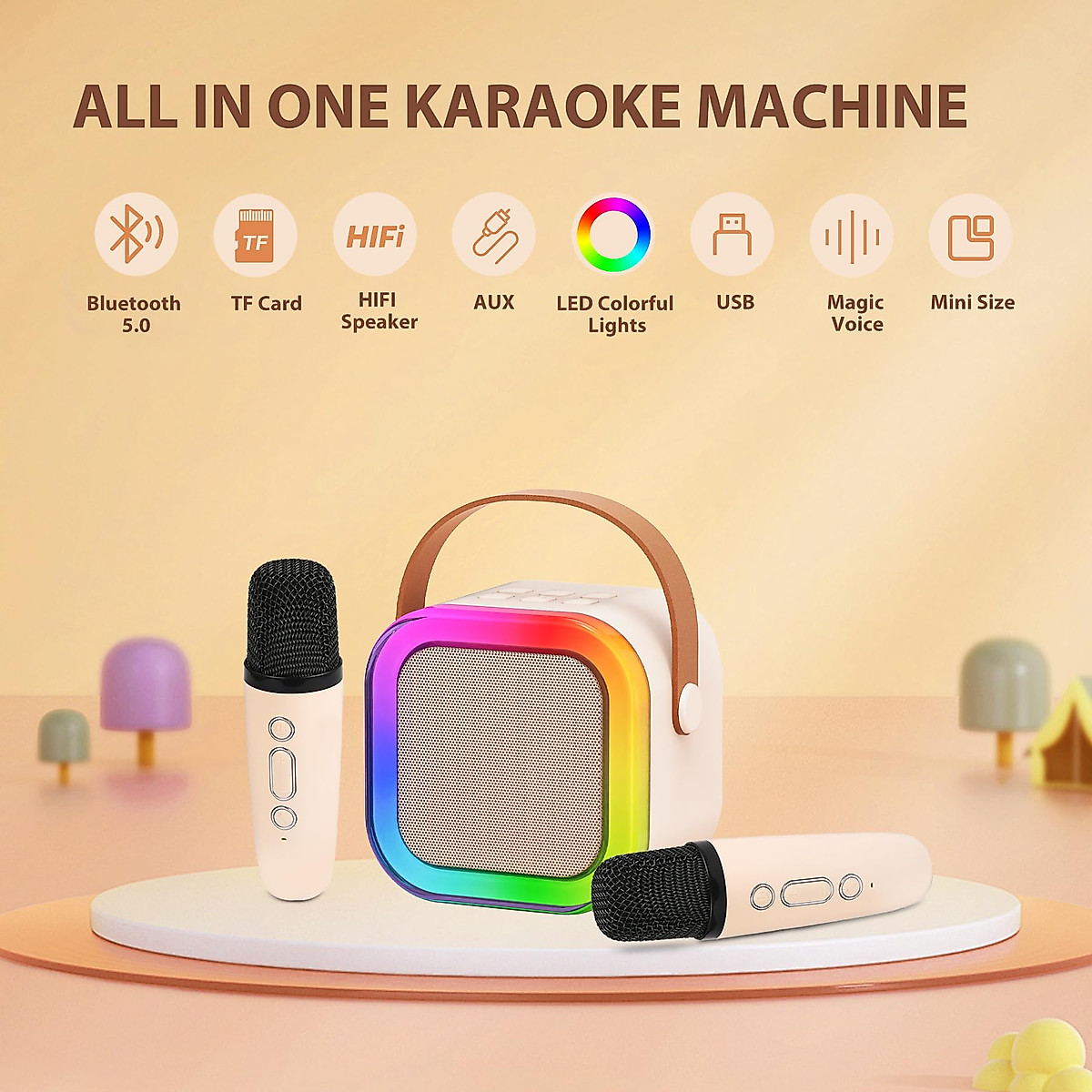 Fede Karaoke Machine for Kids Adults, Mini Karaoke Machine with 2 Wireless Microphones, Portable Bluetooth Speaker with Voice Changing Effects & LED Lights, Best Gifts Toys for Girls and Boys