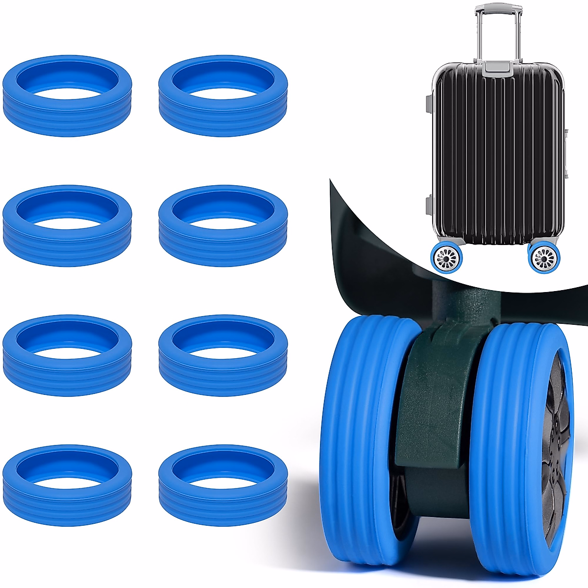 8 PCS Luggage Wheel Cover, Luggage Suitcase Wheels Protector Covers, Silicone Luggage Spinner Wheel Covers for Most 8-Spinner Wheels Travel Luggage Cover, No Noise (Blue)