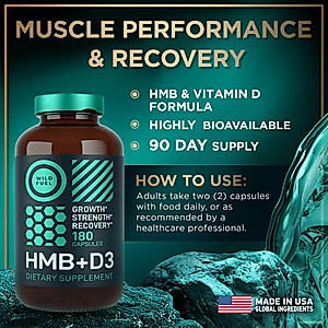 HMB Supplements for Men & Women with Vitamin D3 - 3-Months Supply, 1,000 MG Calcium beta-Hydroxy beta-methylbutyrate per Serving for Muscle Growth, Strenghth and Fast Workout Recovery - 180 Capsules