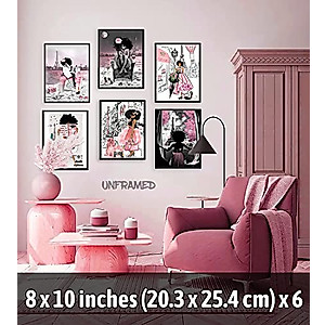 6 Pieces of African American Wall Art Black Girl Pink Fashion Wall Decor Teen Girl Woman Modern Room Poster Printing Picture Painting Living Room Bedroom Bathroom Home Decoration Gift Unframed