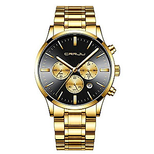 CRRJU Men's Fashin Luxury Golden Chronograph Quartz Wristwatches,Stainsteel Steel Band Multifunctional Waterproof Watch (Golden Black)