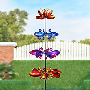 Exhart Wind Spinner, Lotus Flower Garden Stake with 4 Flowers, Wind Powered Metal Outdoor Garden Decor and Yard Art, 17 x 72 Inch