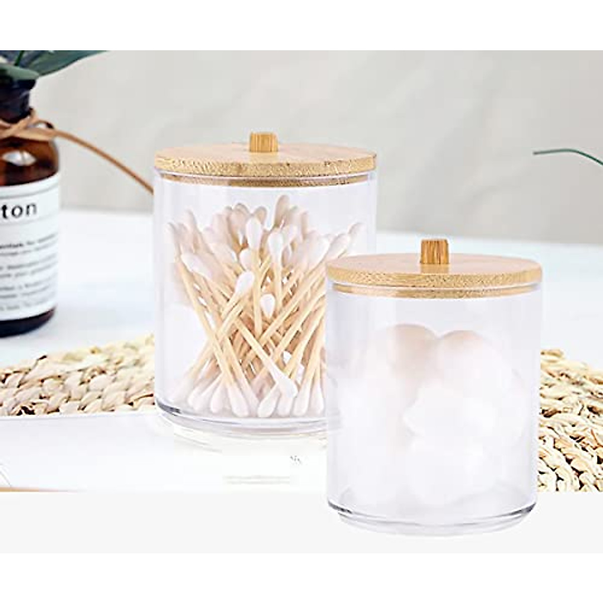JIEQIJIAJU 2 Pack Acrylic Qtip Holders, Large Cotton Round Holder with Bamboo Lid Clear Apothecary Jars Bathroom Canister Storage for Q-Tips, Cotton Pads & Swab, Hair Ties, Makeup Brush Organizing