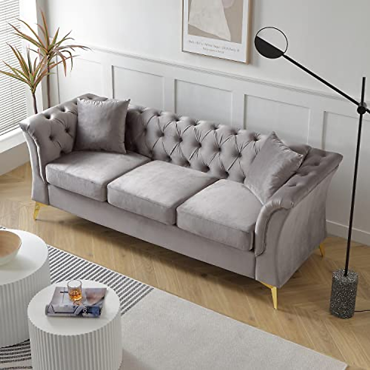 kevinplus 84'' Chesterfield Sofa Couch for Living Room, Modern Velvet 3-Seat Upholstered Sofa Couch for Apartment Bedroom Dorm Office, Strong Gold Metal Legs, 2 Pillows, Grey