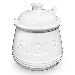 NAXIHOPT Sugar Bowl with Lid and Spoon, Ceramic Sugar Containers for Countertop, Sugar Cube Jar Coffee Bar Accessories, Covered Sugar Holder for Kitchen 12oz, White