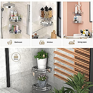 Misounda Bathroom Shower Shelves 2 Pack Stainless Steel Shower Corner Shelf No Drilling Wall Mounted Shower Caddy Corner Shelf with 4 Hooks for Bathroom Kitchen
