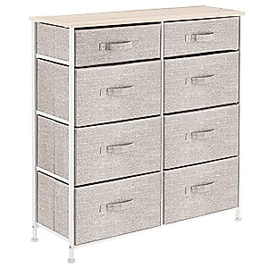 mDesign Tall Steel Frame/Wood Top Storage Dresser Furniture Unit with 8 Slim Removable Fabric Drawers, Large Bureau Organizer for Bedroom, Living Room, Closet - Lido Collection, Linen/Tan, Pack of 1