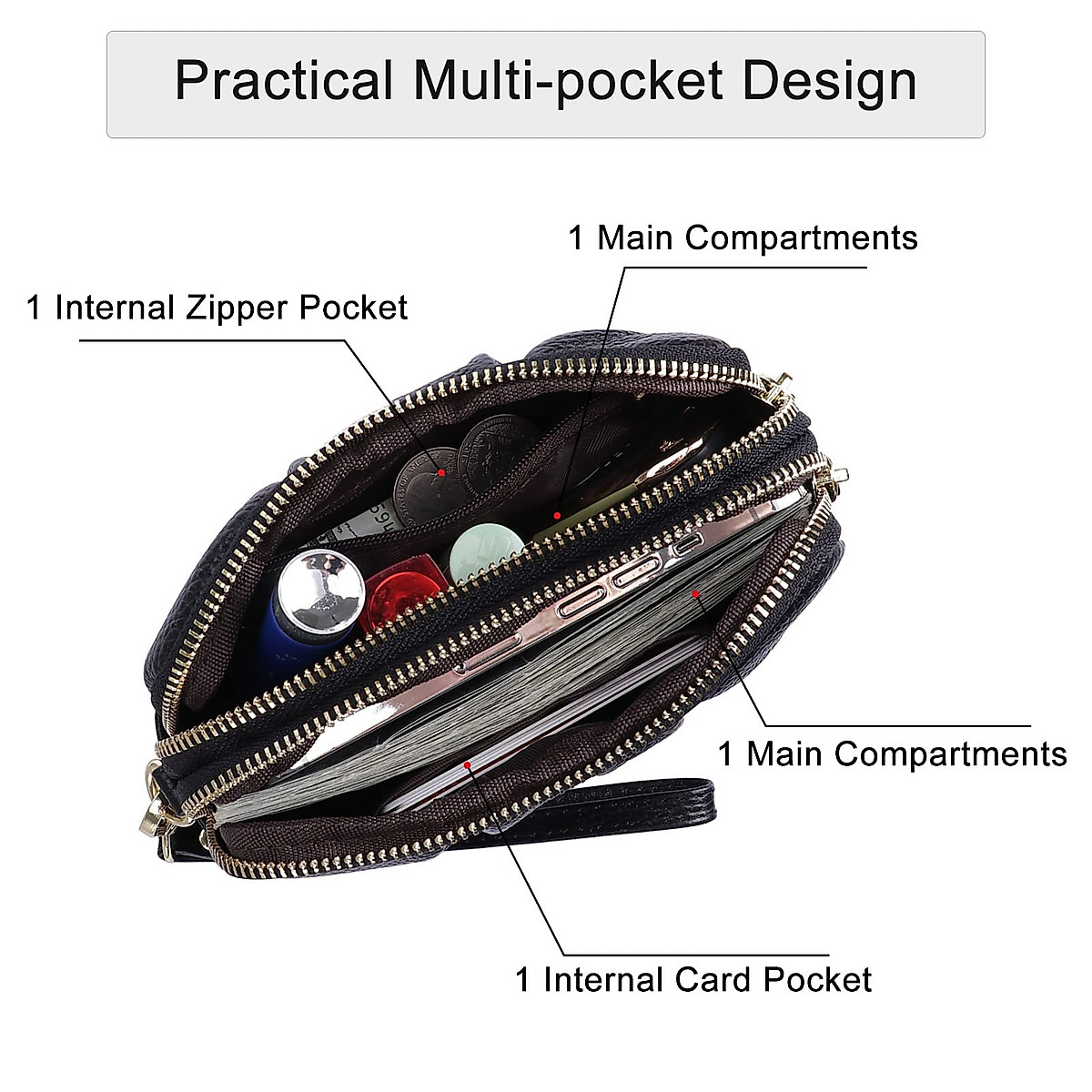 Wristlet Wallets for Women Genuine Leather Wristlet Purses Ladies Ruched Wristlet Clutch Wallet Purses, Black