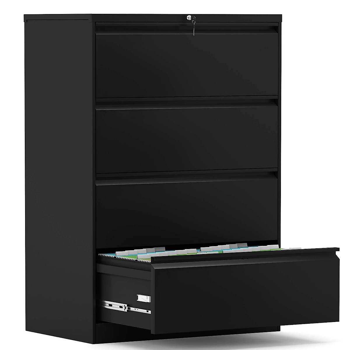 Aobabo 4 Drawer Lateral Steel File Organizing Cabinet with Locking System and Adjustable Hanging Bars for Letter/Legal Size Paper, Black