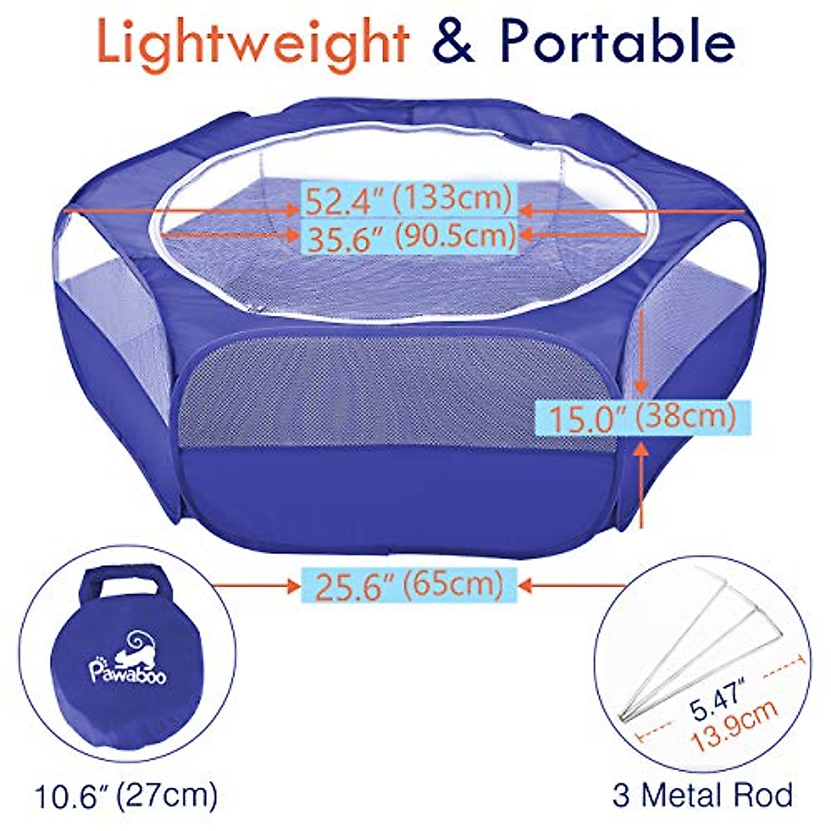 Pawaboo Small Animals Playpen, Waterproof Small Pet Cage Tent with Zippered Cover, Portable Outdoor Yard Fence with 3 Metal Rod for Kitten/Puppy/Guinea Pig/Rabbits/Hamster/Chinchillas, Indigo
