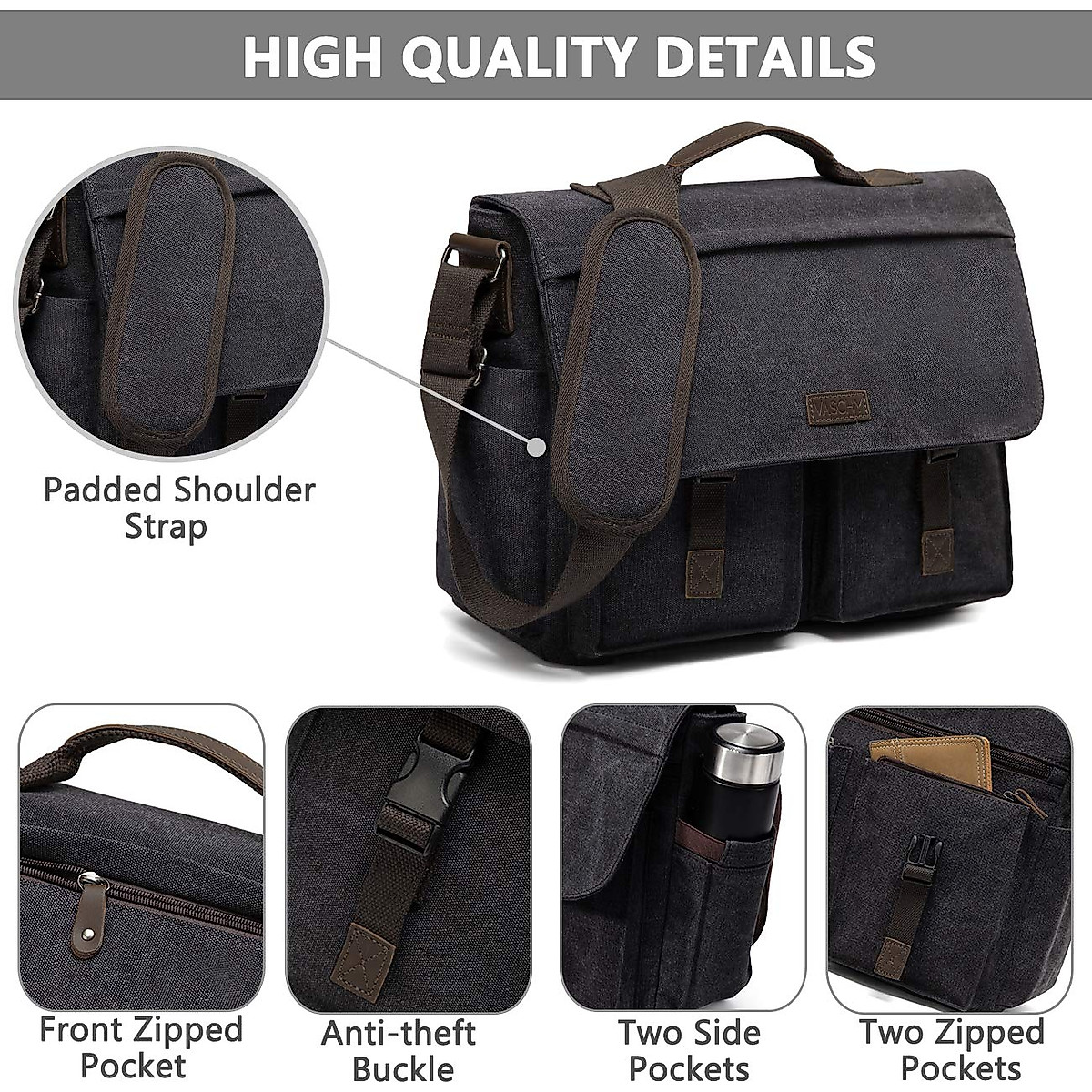 VASCHY 17inch Laptop Messenger Bag, Men's Vintage Water Resistant Canvas Satchel Briefcase Shoulder Bag for Work with Padded Shoulder Strap Gray