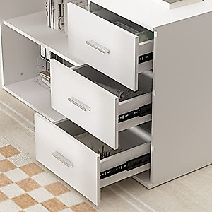 DiDuGo Office Desk with Drawers and Shelves, Home Office Desk L Shaped Desk with Metal Frame, Wood Corner Desk Computer Desk for Office Bedroom White