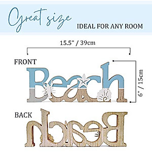 Tide and Tales Free Standing Wooden Beach Sign 15.5" x 6" for Beach House or Coastal Theme Room - Ocean, Shells and Starfish Beach Decorations for Home - Beach Bathroom Decor - Beach Gifts