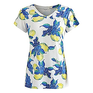 Women V Neck Printed T Shirt Casual Loose Pullover Short Sleeve Tops Cotton Blouses for Women Summer,Dressy Tops for Women Indian