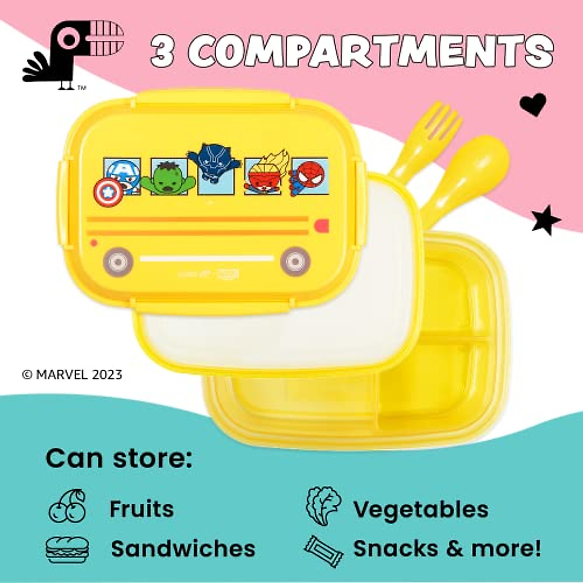 Yoobi x Marvel Avengers Bento Box and Ice Pack - 3 Compartment Kawaii Lunch Box w/Fork & Spoon, Dishwasher & Microwave Safe Food & Snack Container for Kids & Adults - BPA & PVC Free, Leakproof