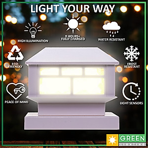 GreenLighting Modern Solar Post Cap Lights Fits 4x4 Wood, 4x4 & 5x5 PCV/Vinyl Outdoor Solar Powered Post Cap Light, Fence Post, Landscaping, Deck, Garden- Bright LED, Waterproof White 4 Pack