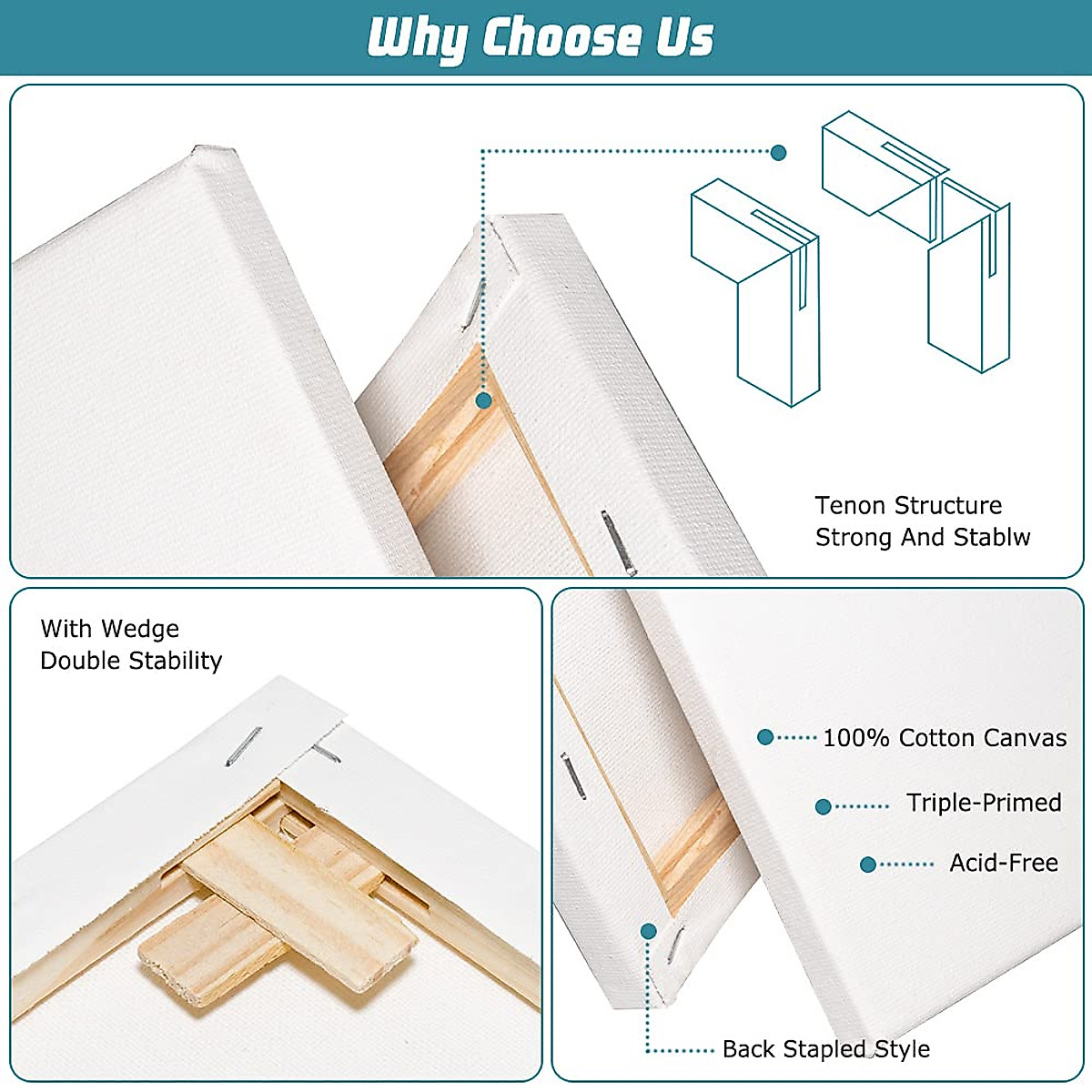 Blank Canvase Boards for Painting, 6x6", 8x8", 10x10" 12x12", 8 Pack 100% Cotton Stretcher Academy Acrylic Oil Painting, Canvases for Kids & Artist