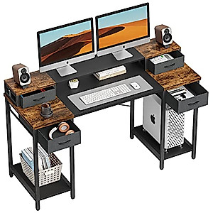YAOHUOO Computer Desk with Dual Monitor Stands - 48'' Office Desk Writing Desk with 4 Drawers and Keyboard Storage, Work Desk with Dual PC Mainframe Shelves for Storage (Rustic Brown, 48)