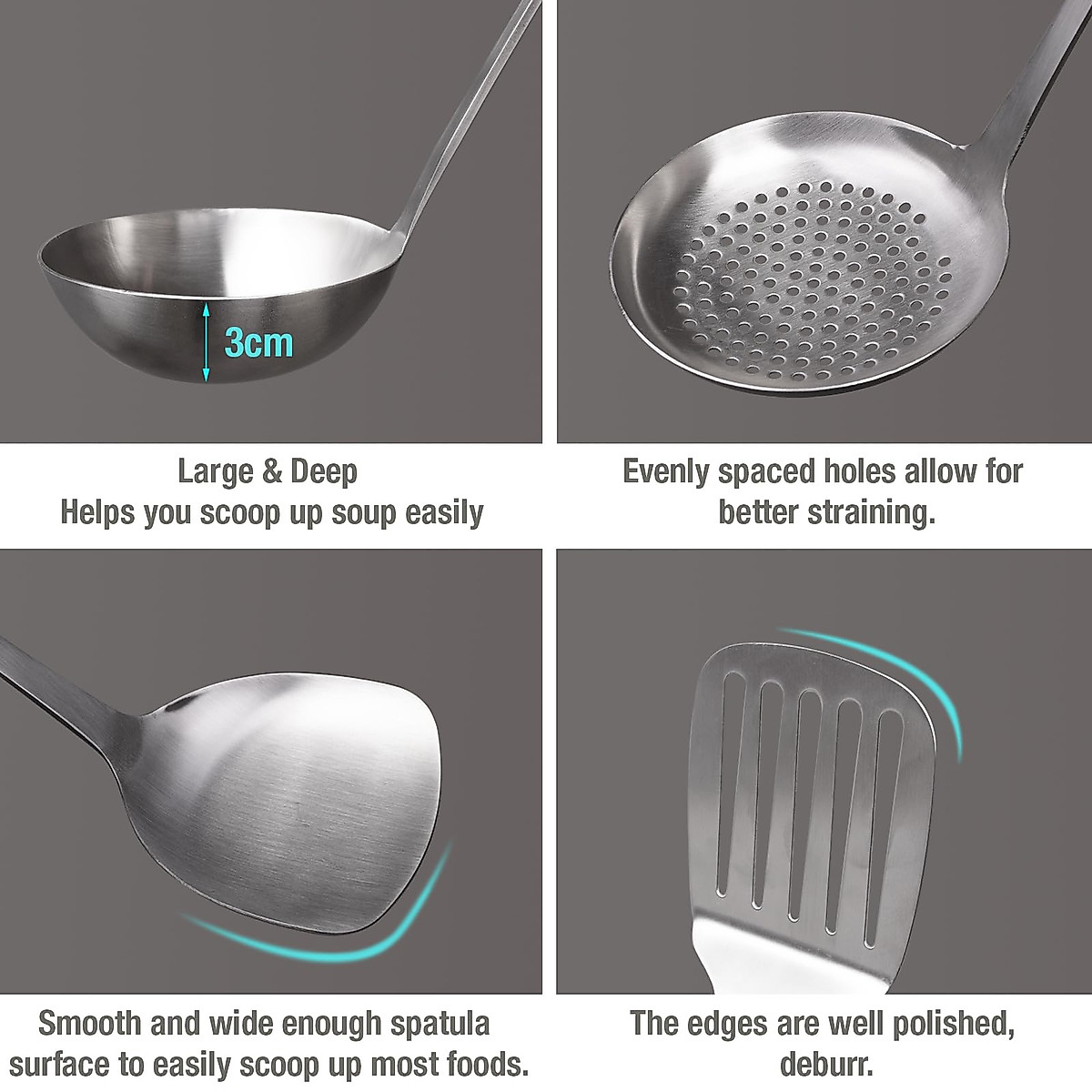 4-Piece Kitchen Utensils Set, Cooking Utensils 304 Stainless Steel Kitchen Gadgets with Spatula, Soup Ladle, Wok Spatula, Skimmer Spoon, Heat Resistant Handle and Dishwasher Safe