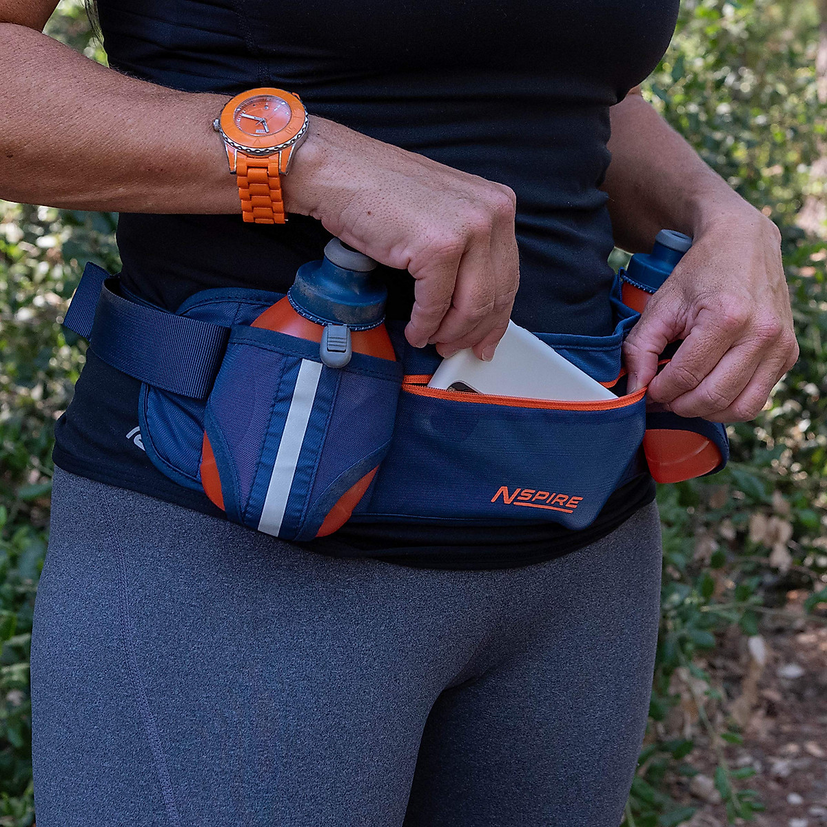 Nspire Dual Bottle Hydration Belt - Adjustable Running Hiking Walking Belt - Includes 2 Bottles – Storage Pocket for iPhone, Samsung, Keys, Snacks etc., True Navy / Tigerlily