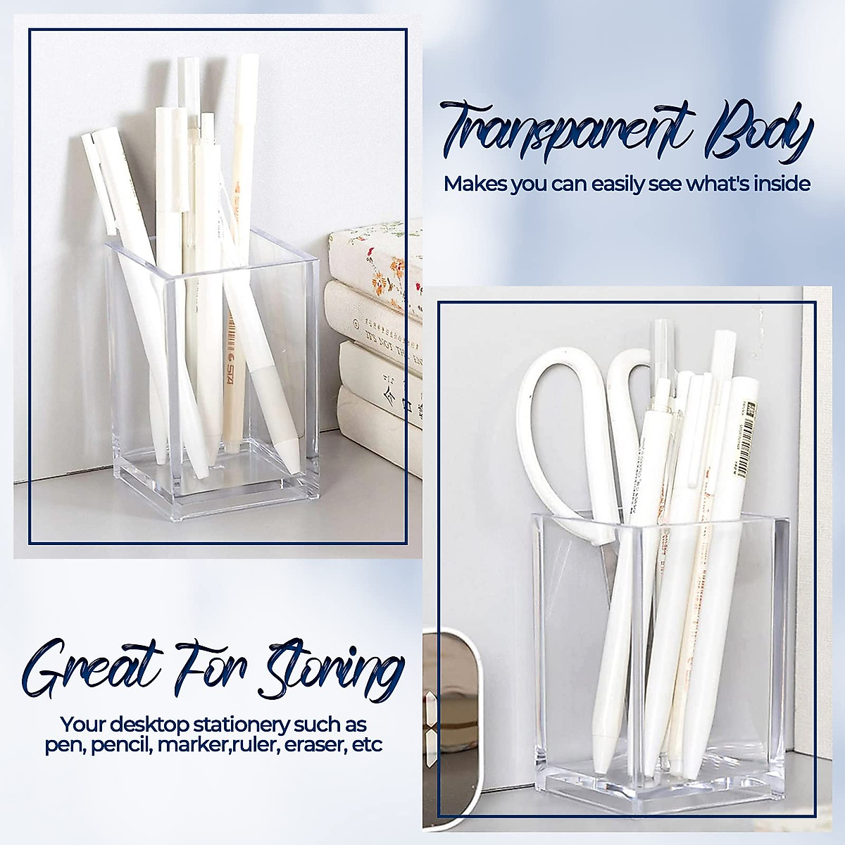 Acrylic Pen Holder for Desk - Includes Metal Keychain – Acrylic Pencil Holder Clear Makeup Brush Holder – Acrylic Desk Accessories, Stationery Organizer for Office Desk Accessory - 1-Piece, 2.6x2.6x4"