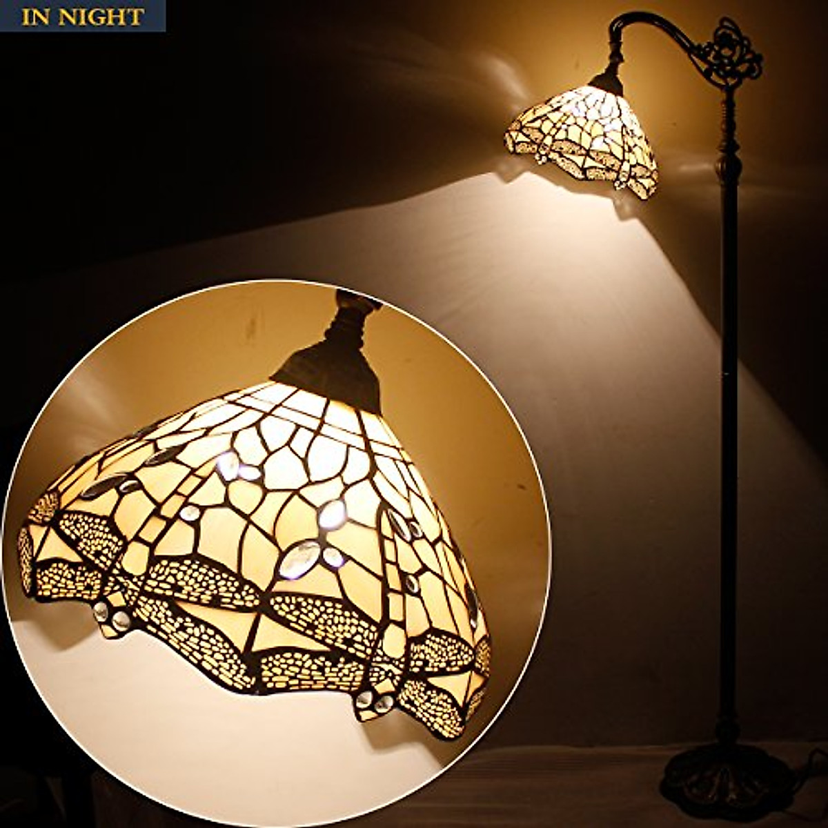 WERFACTORY Tiffany Floor Lamp Cream Stained Glass Dragonfly Arched Lamp 12X18X64 Inches Gooseneck Adjustable Corner Standing Reading Light Decor Bedroom Living Room S139 Series