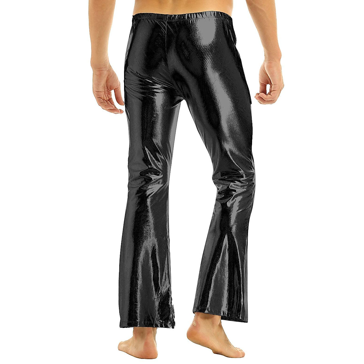 Hedmy Men's Shiny Faux Leather Disco Trousers Bell Bottoms Flared Long Pants Motorcycle Leggings Black Large