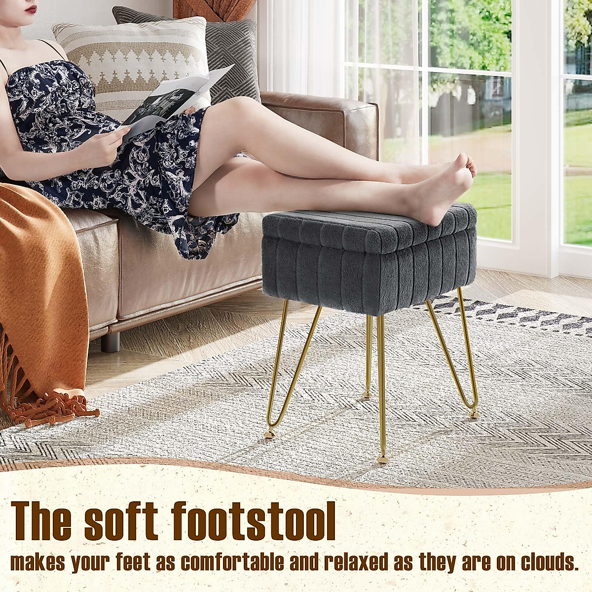 Greenstell Vanity Stool Chair Faux Fur with Storage,15.7"L x 11.8"W x 19.4"H Soft Ottoman 4 Metal Legs with Anti-Slip Feet, Furry Padded Seat, Modern Multifunctional Chairs for Makeup, Bedroom Grey