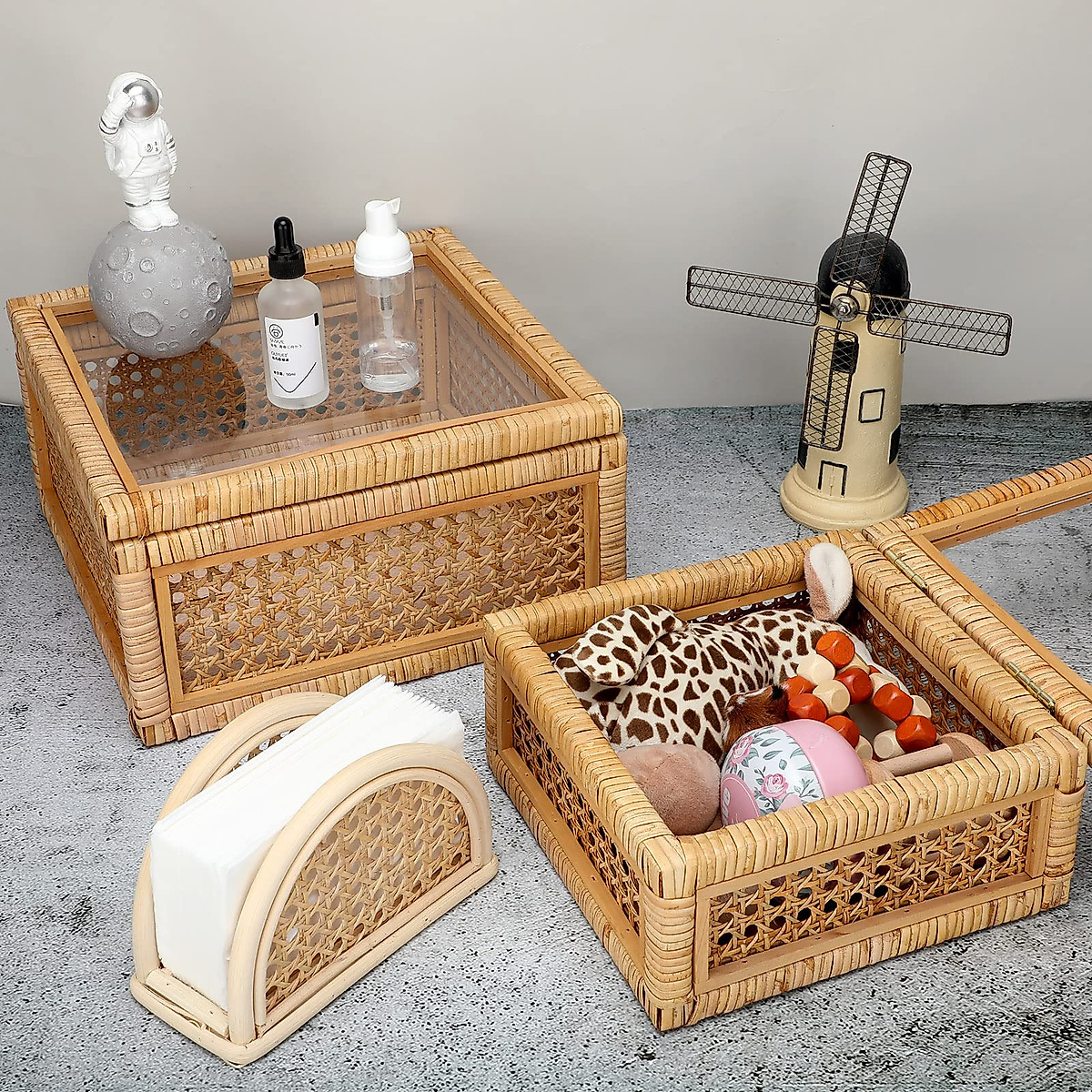 Tatuo Set of 3 Boho Rectangular Rattan Boxes with Glass Lids Woven Basket with Semicircle Napkin Holder Cane and Rattan Display Storage Basket Decorative Boxes for Home Decoration