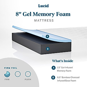 Lucid 8 Inch Twin- Firm Gel Memory Foam Mattress Bamboo Charcoal Foam Gel Infused- Hypoallergenic Foam, White