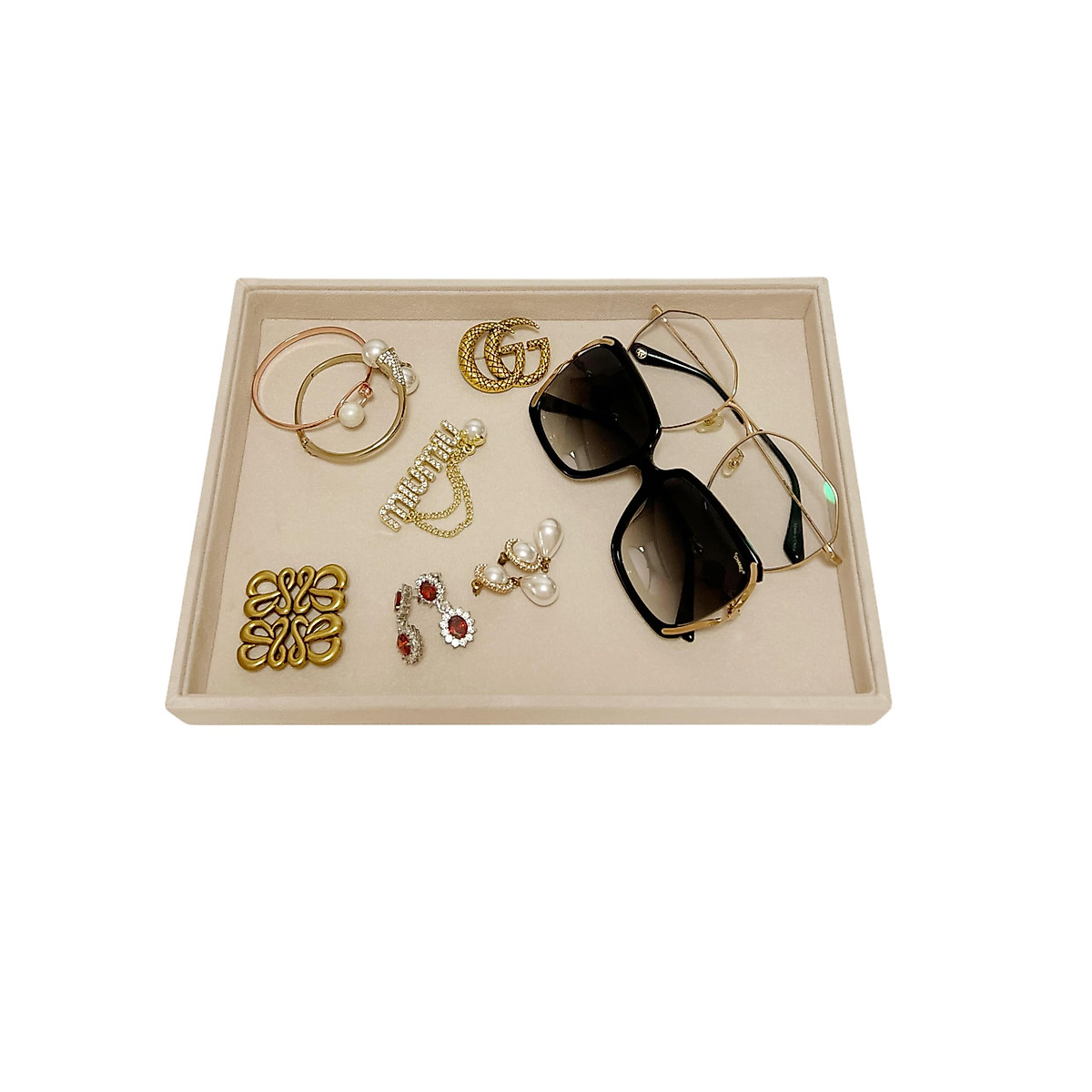 Svea Display Beige Velvet Flat Tray Closet Organizer Drawer Inserts Divider for Jewelry Accessory Collectibles Trade Show Exhibition Home Use Premium Grade Material Neutral Tone