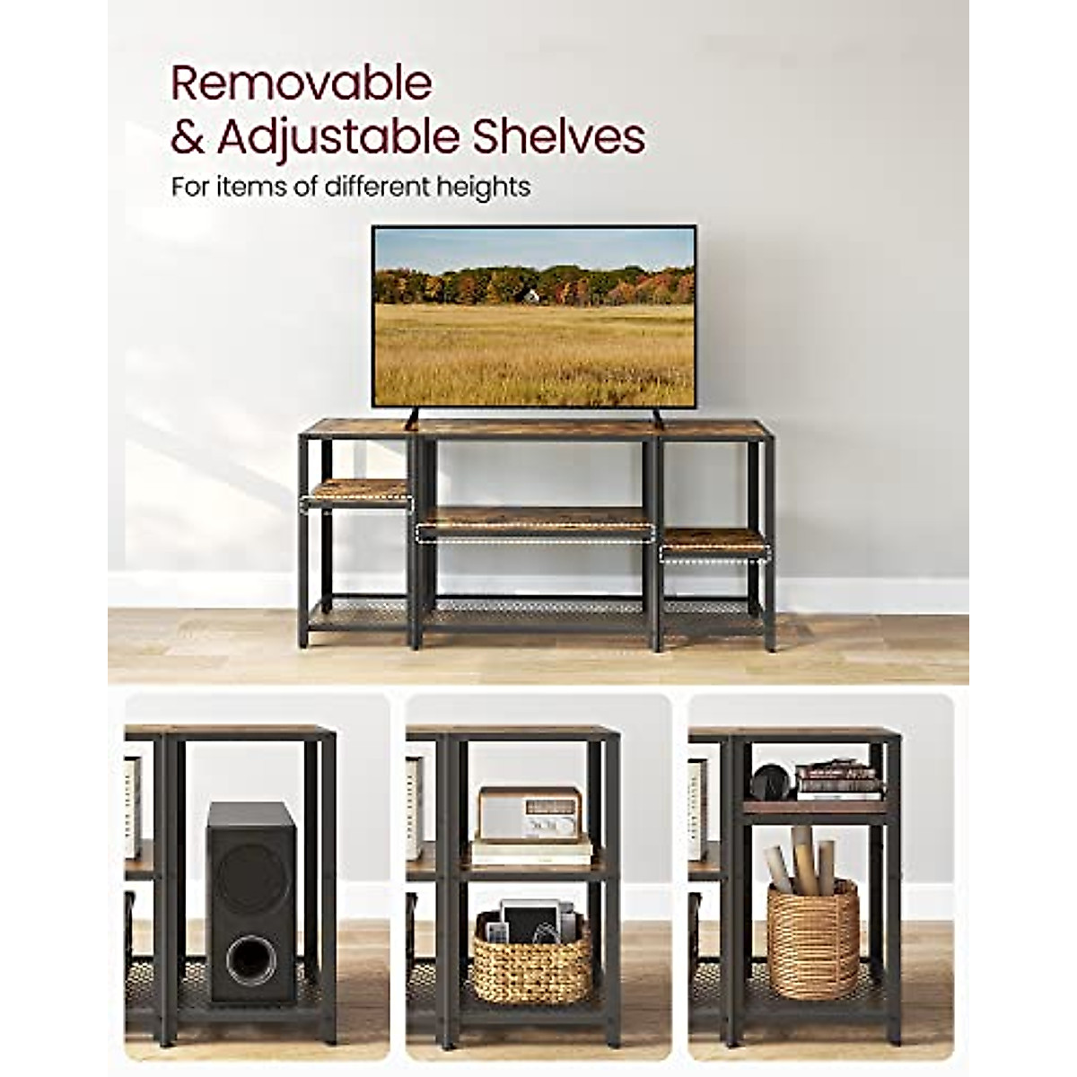 VASAGLE TV Stand for 65 Inches TVs, Industrial Entertainment Center, Modern TV Console with Open Storage Shelves for Living Room, Bedroom, Rustic Brown and Black ULTV105B01