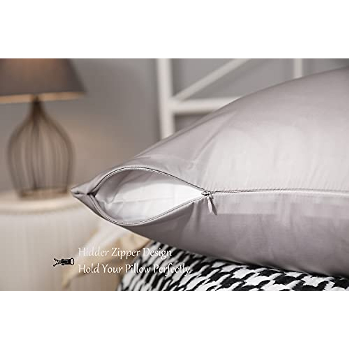 YOWMINGSILK 100% Natural Mulberry Silk Pillowcase Set of 2 for Hair and Skin with Hidden Zipper,19 Momme,600 Thread, Soft Breathable Smooth Both Sided Silk Pillow Cover(Grey,Standard20x27)