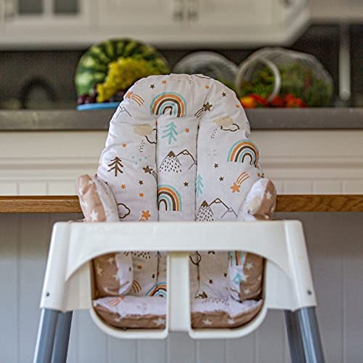 Bebek Ozel High Chair Cushion , One Piece ikea high Chair Accessories, Cotton Antilop High Chair Accessories, Washable Cushion (Brown Rainbow)