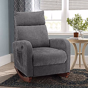 AVAWING Electric Massage Rocking Chair, Rocking Accent Armchair with Heat Function USB Ports, Rocker Fabric Padded Seat Wood Base, Modern High Back Armchair with Footrest Remote Control for Home,Grey