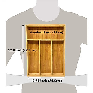 Bamboo Utensil Silverware Organizer - 4 Compartments - Bamboo Hardware Jewelry Drawer Holder Kitchen Knives Tray Organizer