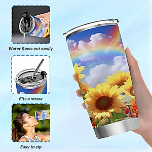 IOACIY 11 Oz Stainless Steel Vacuum Insulated, Sunflower Cloud Rainbow (2) Travel Mug with Lids and Straw, Double Wall Water Coffee Cup for Office, Outdoor Works for Hot Beverage and Ice Drinks