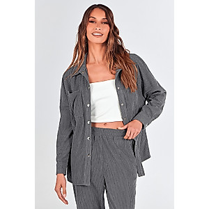 PRETTYGARDEN Women's 2 Piece Outfits Casual Corduroy Long Sleeve Button Down Jacket and Pants Tracksuit with Pockets (Grey,Large)