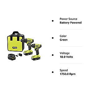 Ryobi P1817 18V ONE+ Lithium-Ion Cordless 2-Tool Combo Kit with (2) 1.5 Ah Batteries, 18-Volt Charger, and Bag