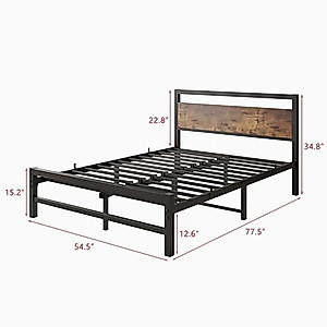 FOUBAM Full Bed Frame with Wood Headboard,Heavy Duty Platform Bed Frames with Storage No Box Spring Needed,Reinforced Steel Square Pipe Mattress Foundation Noise Free,Black and Rustic Brown